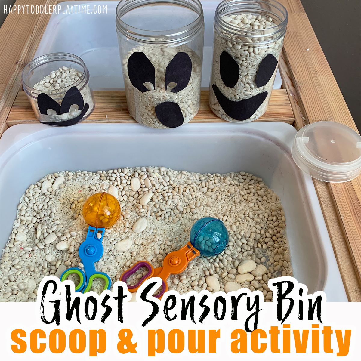 Ghost Sensory Bin: Scoop & Pour Activity - Happy Toddler Playtime