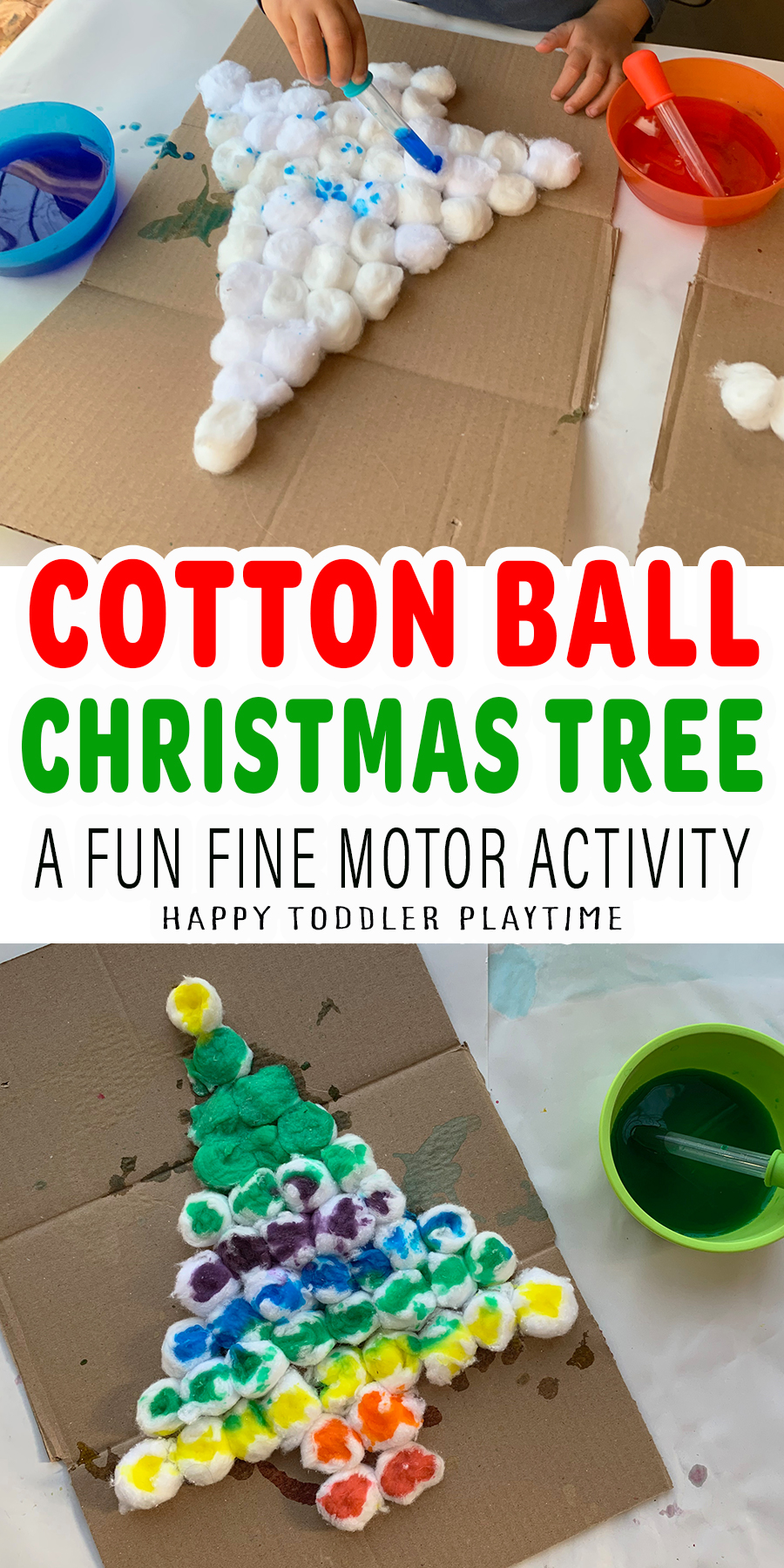 Rainbow Cotton Ball Christmas Tree Activity - Happy Toddler Playtime