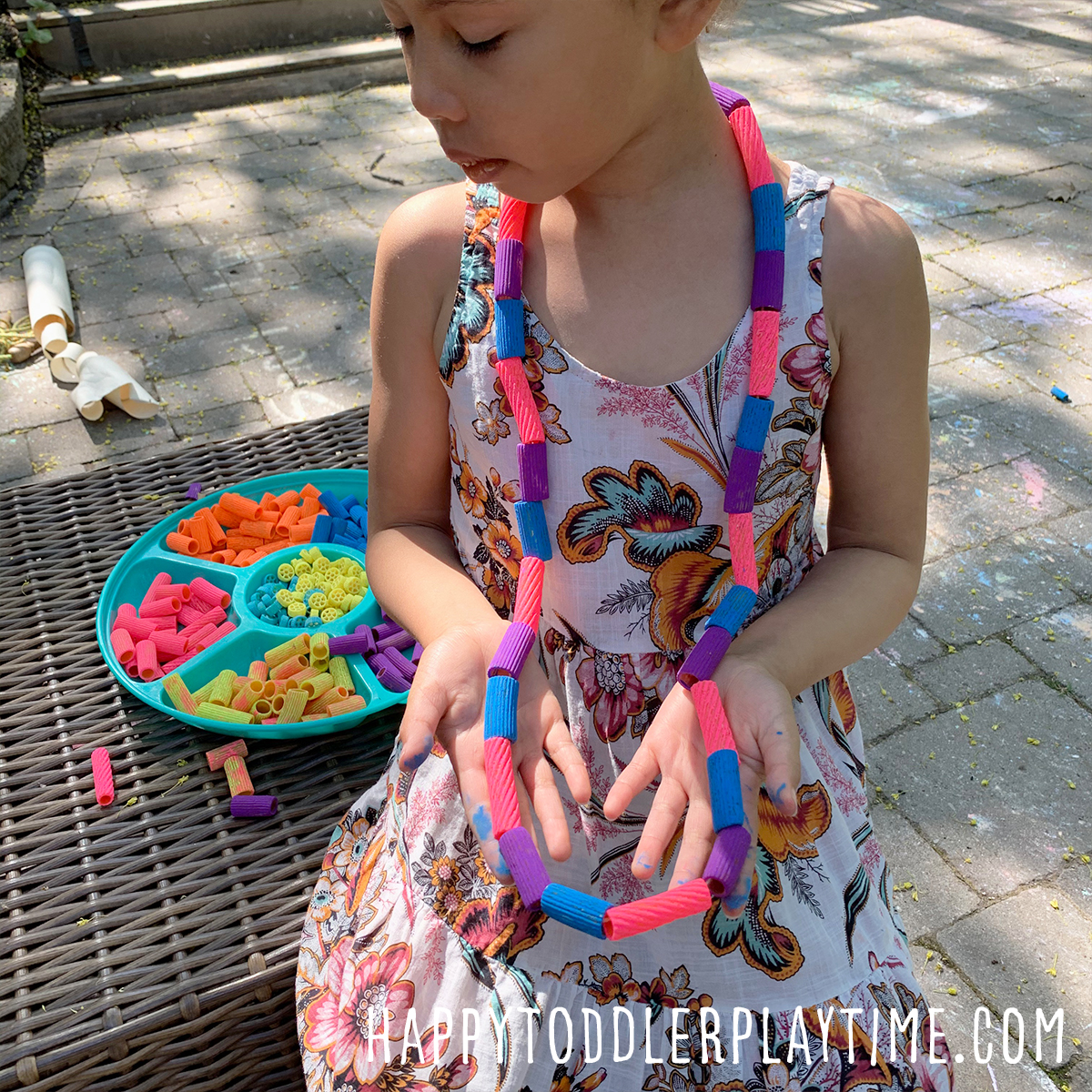 Painted Pasta Necklace Craft for Kids - Happy Toddler Playtime