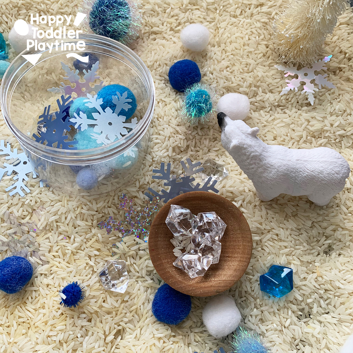 Super Easy Winter Rice Sensory Bin - Happy Toddler Playtime