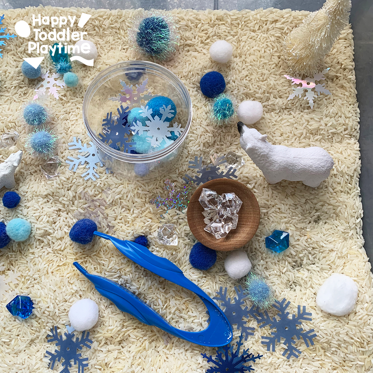 Super Easy Winter Rice Sensory Bin - Happy Toddler Playtime