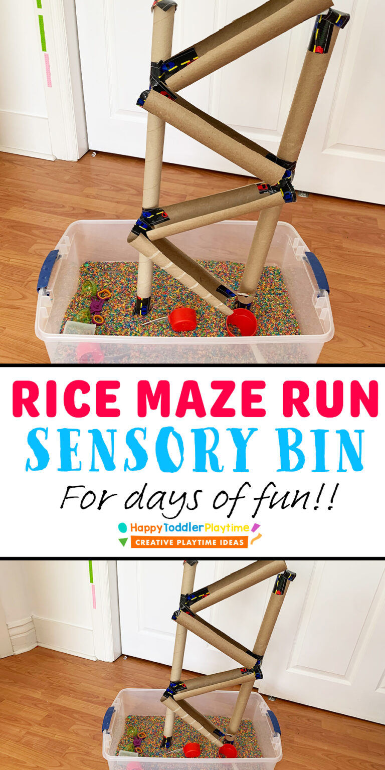 How to Make A Rainbow Rice Maze Run Sensory Bin - Happy Toddler Playtime