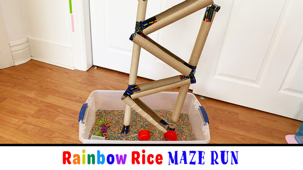 How to Make A Rainbow Rice Maze Run Sensory Bin - Happy Toddler Playtime
