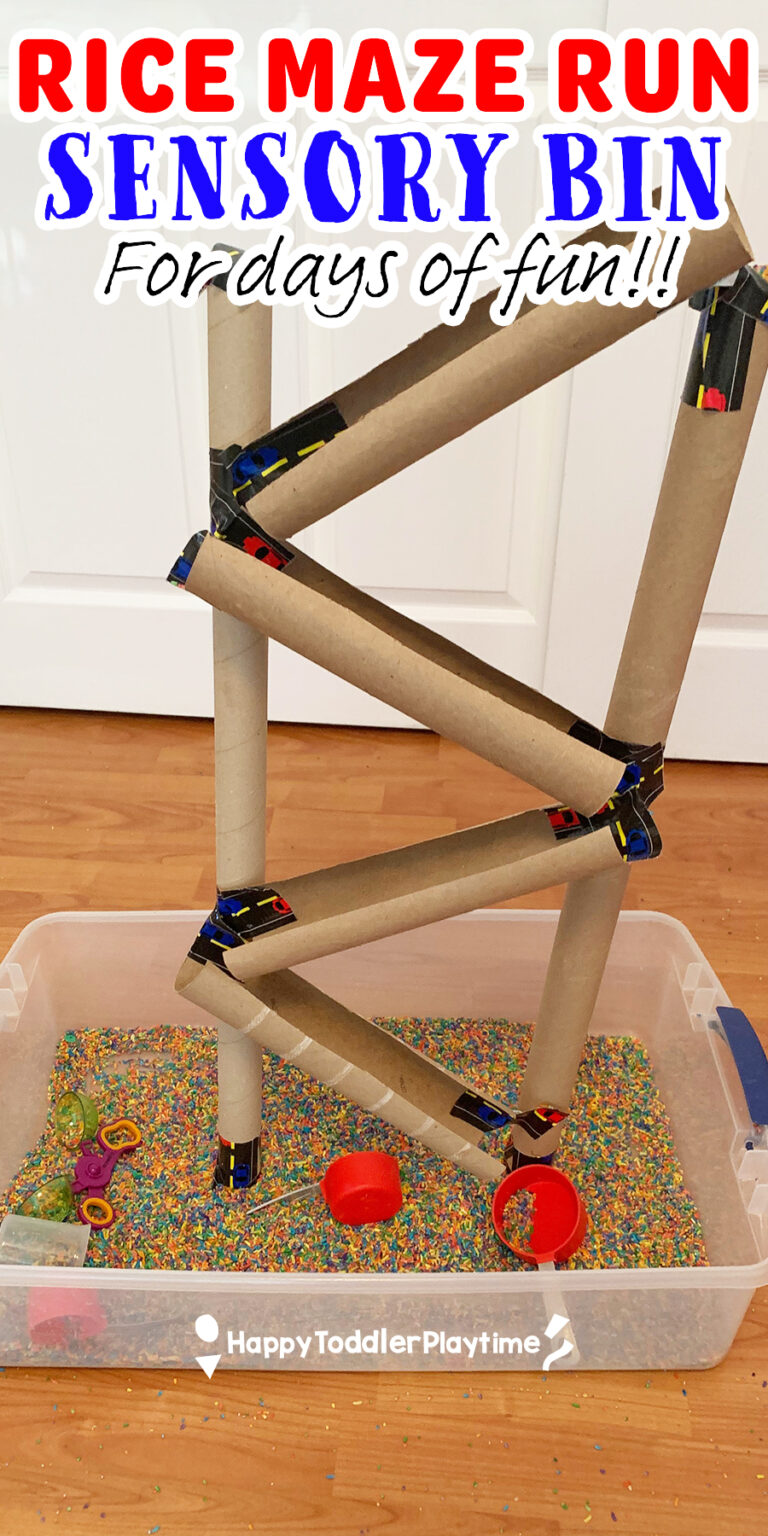 How to Make A Rainbow Rice Maze Run Sensory Bin - Happy Toddler Playtime