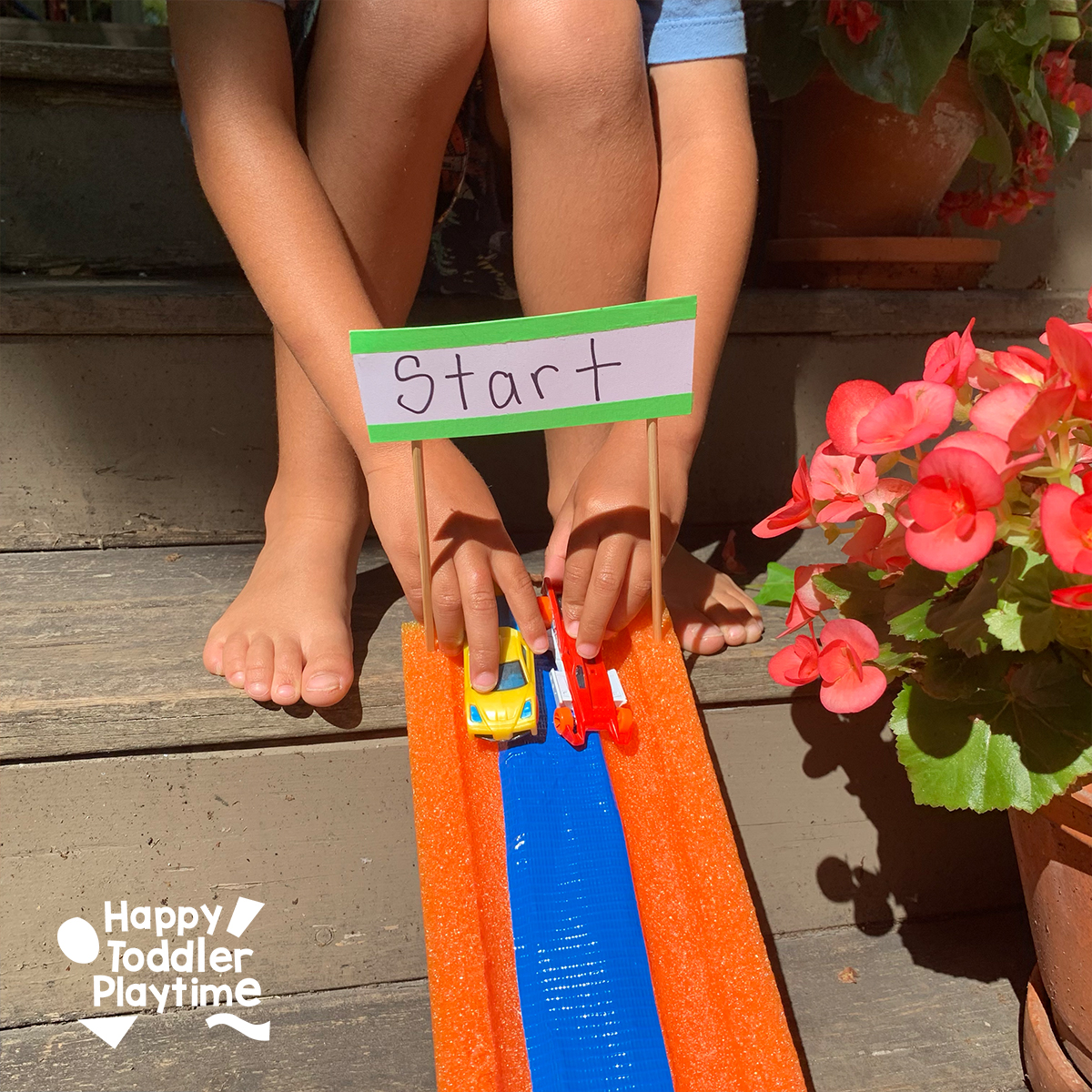 How to Make a Pool Noodle Racetrack this Summer - Happy Toddler Playtime