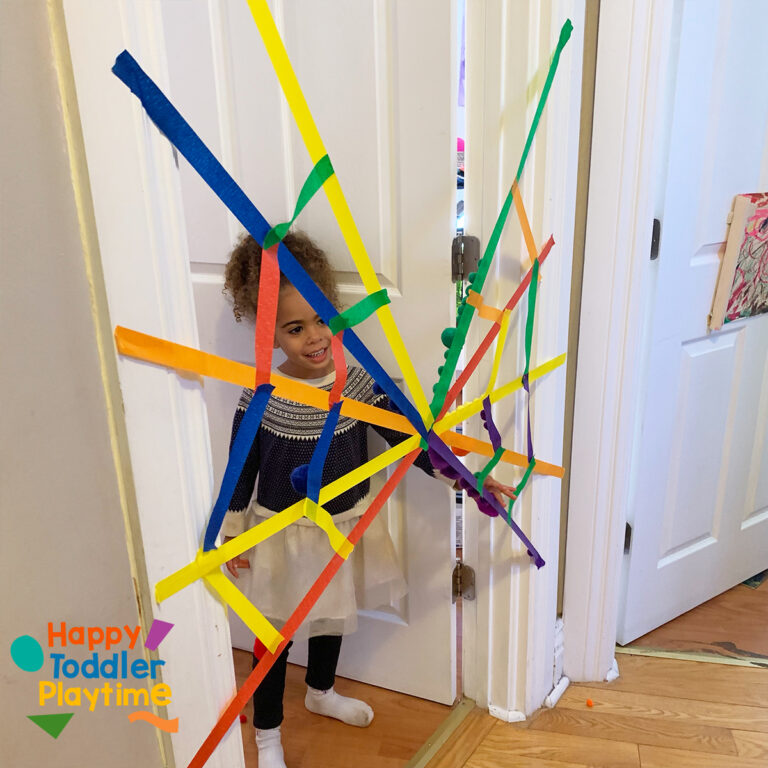 Pom Pom Tape Spider Web: Gross Motor Activity - Happy Toddler Playtime