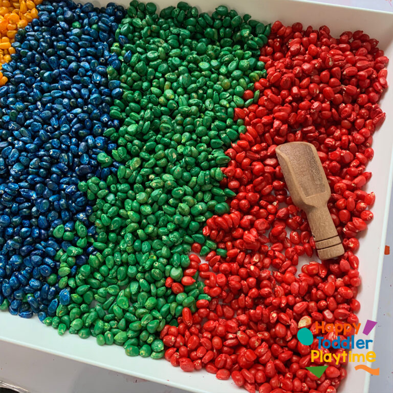 How to Dye Corn Kernels for Sensory Play - Happy Toddler Playtime