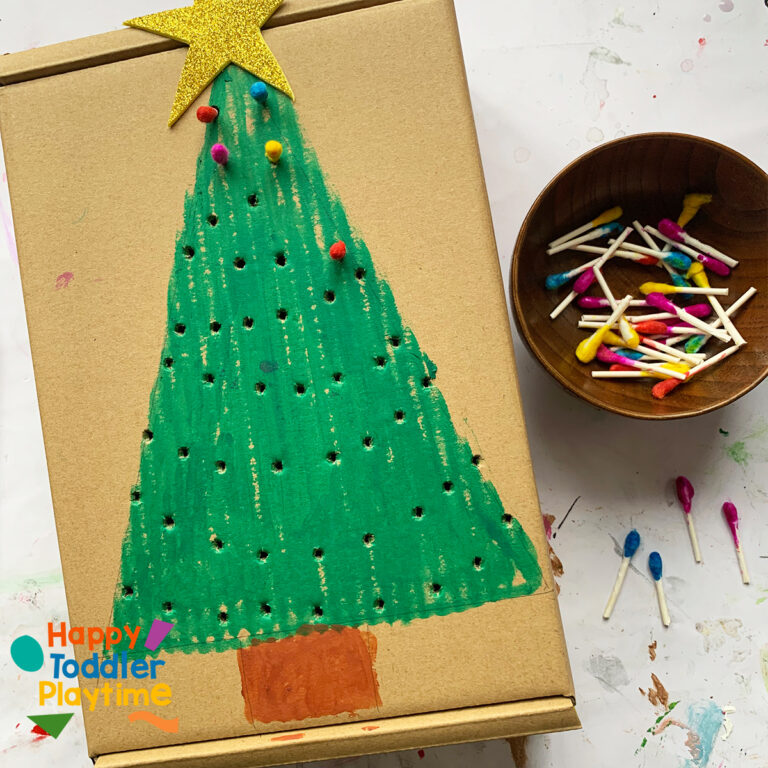 Q-Tip Christmas Tree Activity for Kids - Happy Toddler Playtime