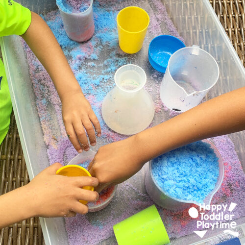 Easy Rainbow Instant Snow: STEM Sensory Activity - Happy Toddler Playtime