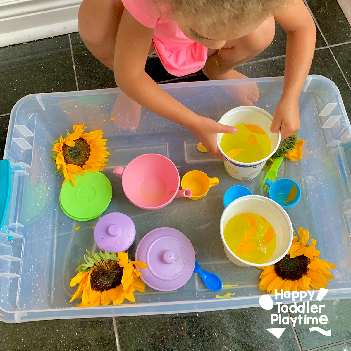 Sunflower Tea Party Sensory Bin for Fall - Happy Toddler Playtime