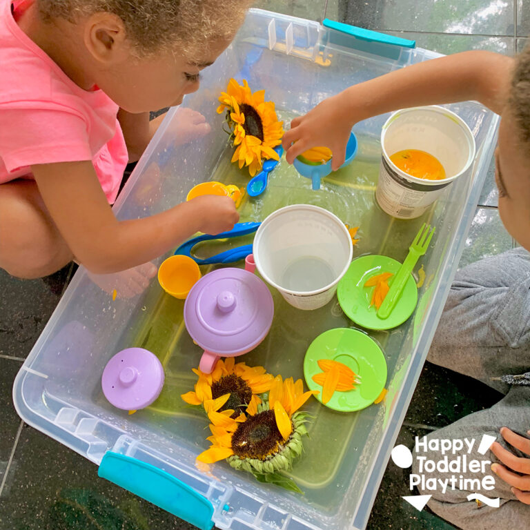 Sunflower Tea Party Sensory Bin for Fall - Happy Toddler Playtime