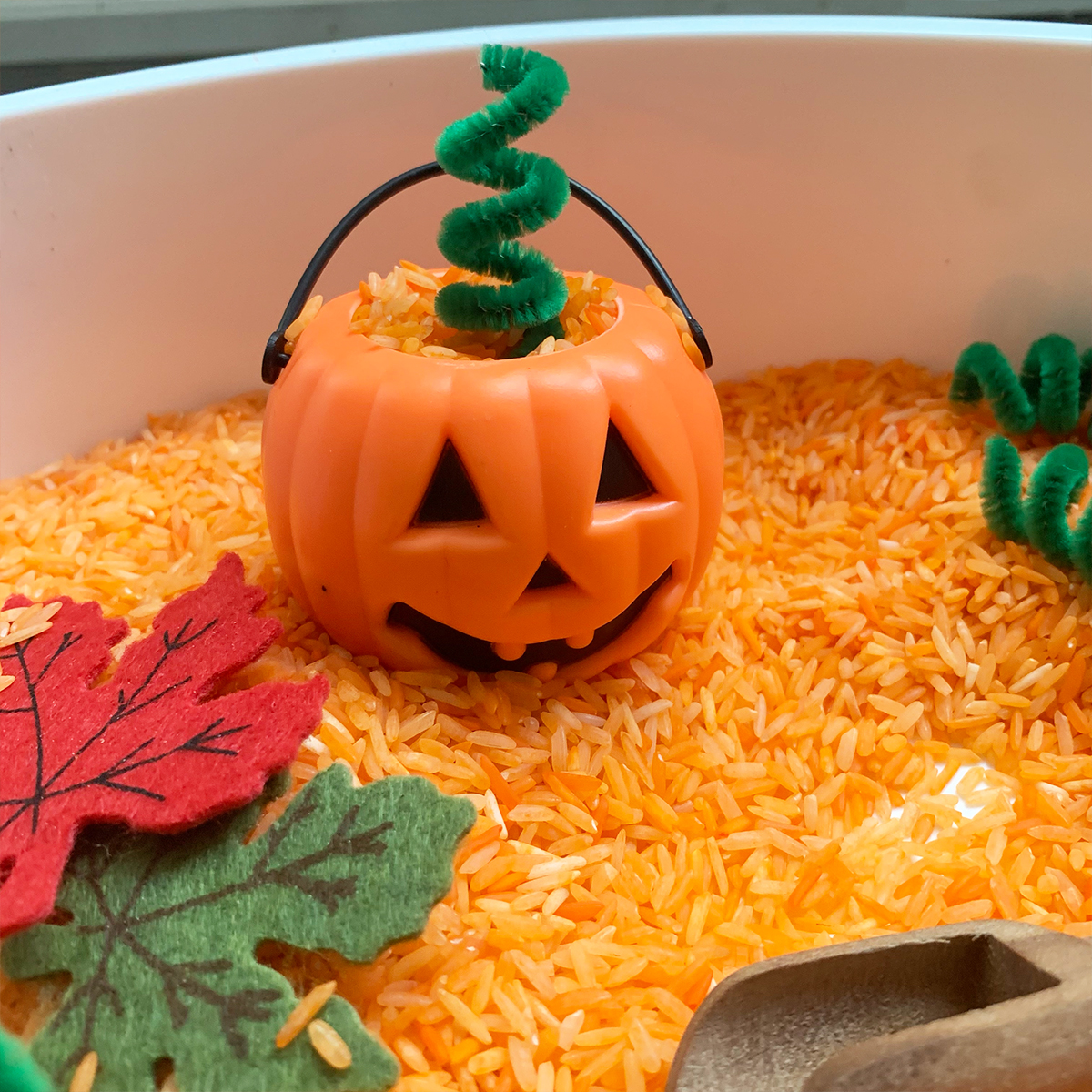 Pumpkin Rice Sensory Bin for Kids - Happy Toddler Playtime