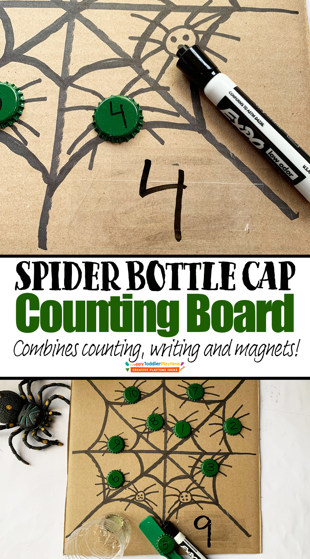 Spider Bottle Cap Counting Board - Happy Toddler Playtime