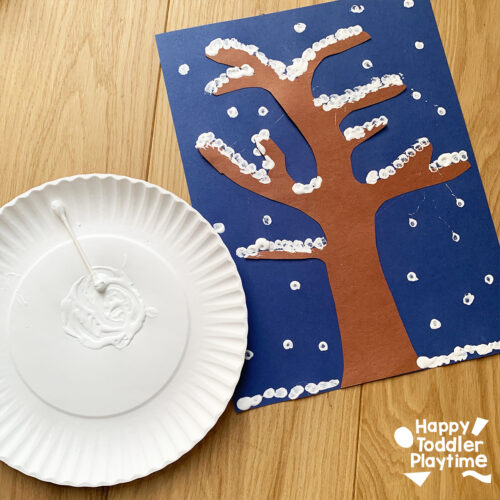 Q-Tip Painted Winter Tree Craft - Happy Toddler Playtime
