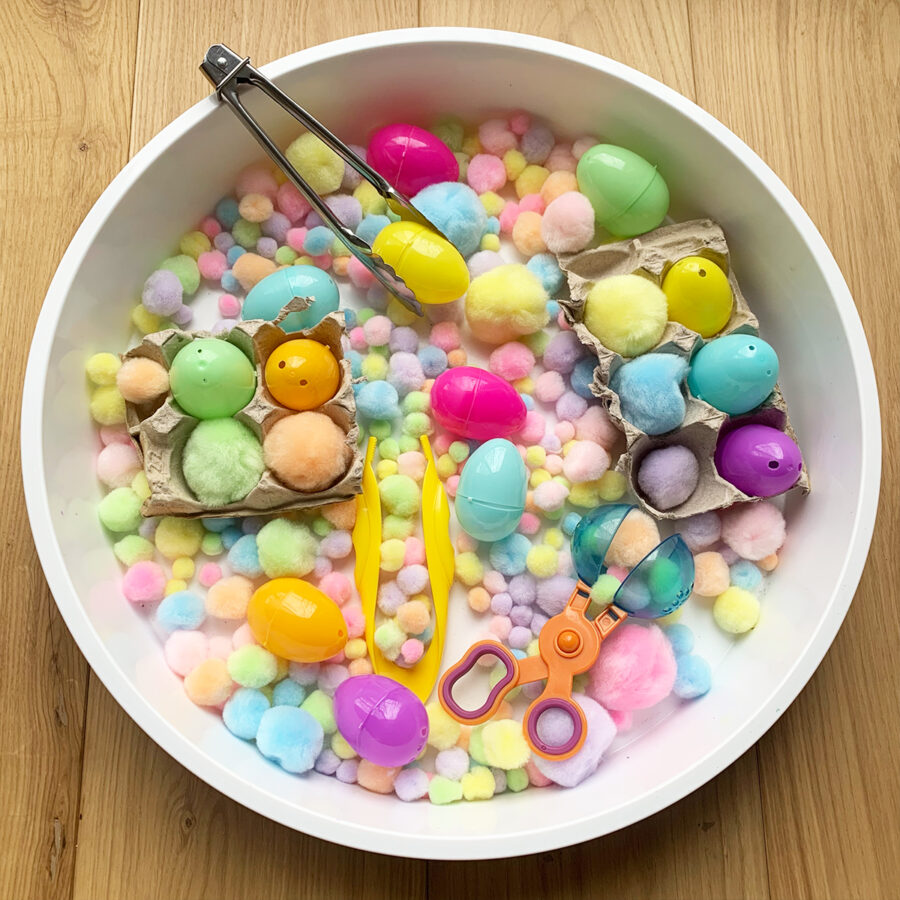 Pom Pom Easter Sensory Bin - Happy Toddler Playtime