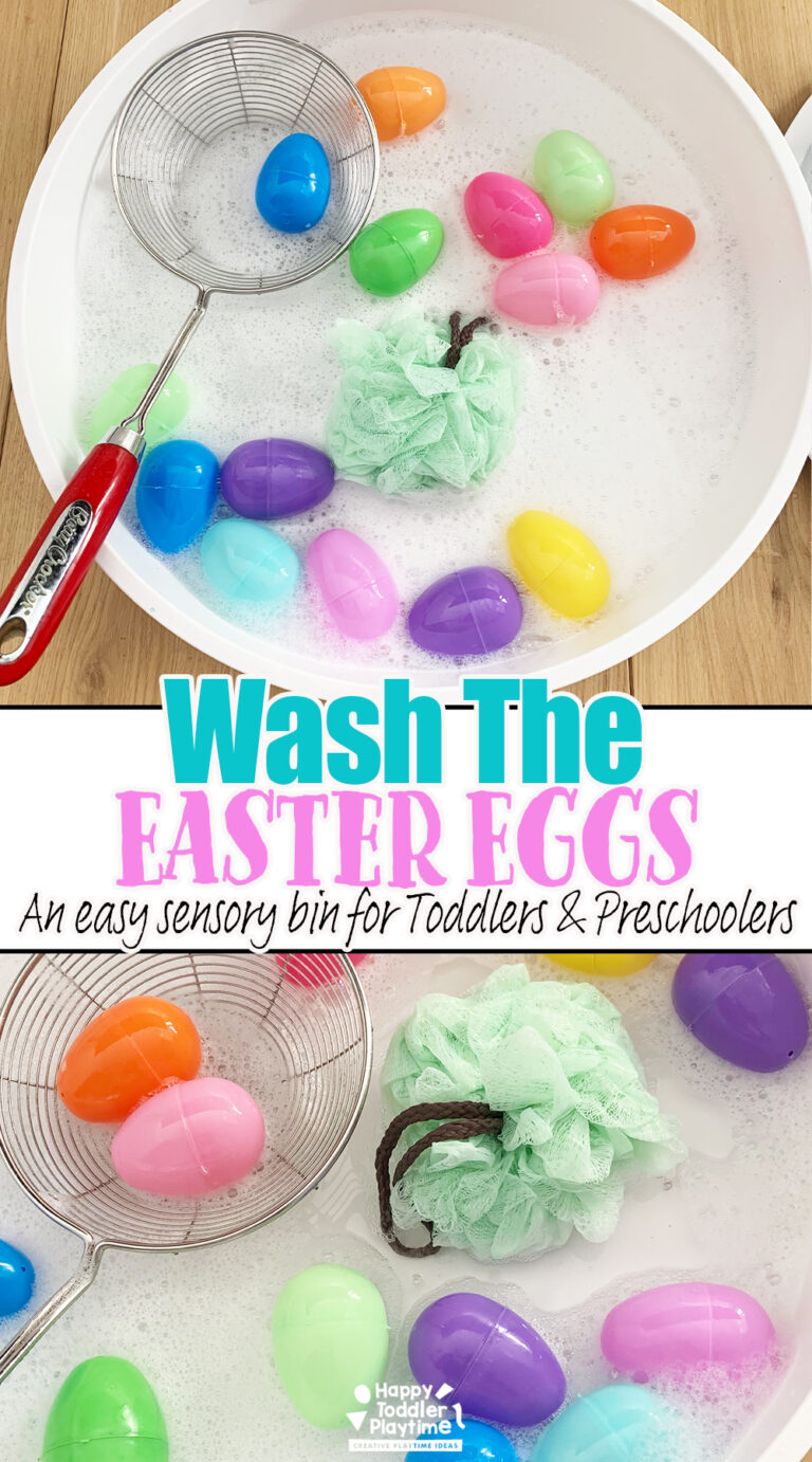 Wash the Easter Eggs Sensory Bin - Happy Toddler Playtime