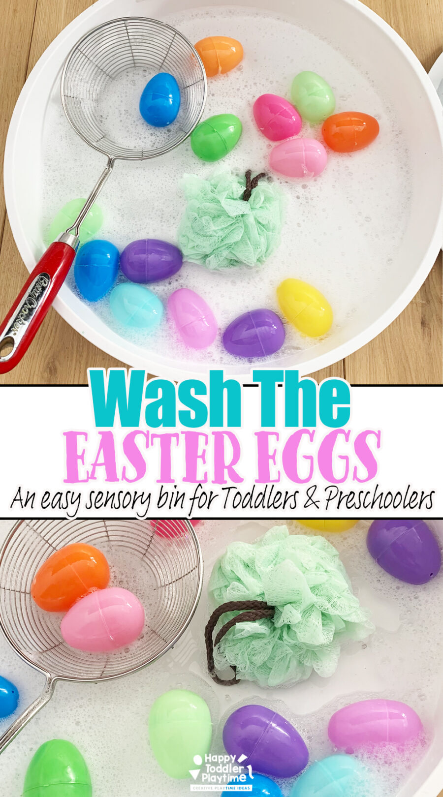 Wash the Easter Eggs Sensory Bin - Happy Toddler Playtime