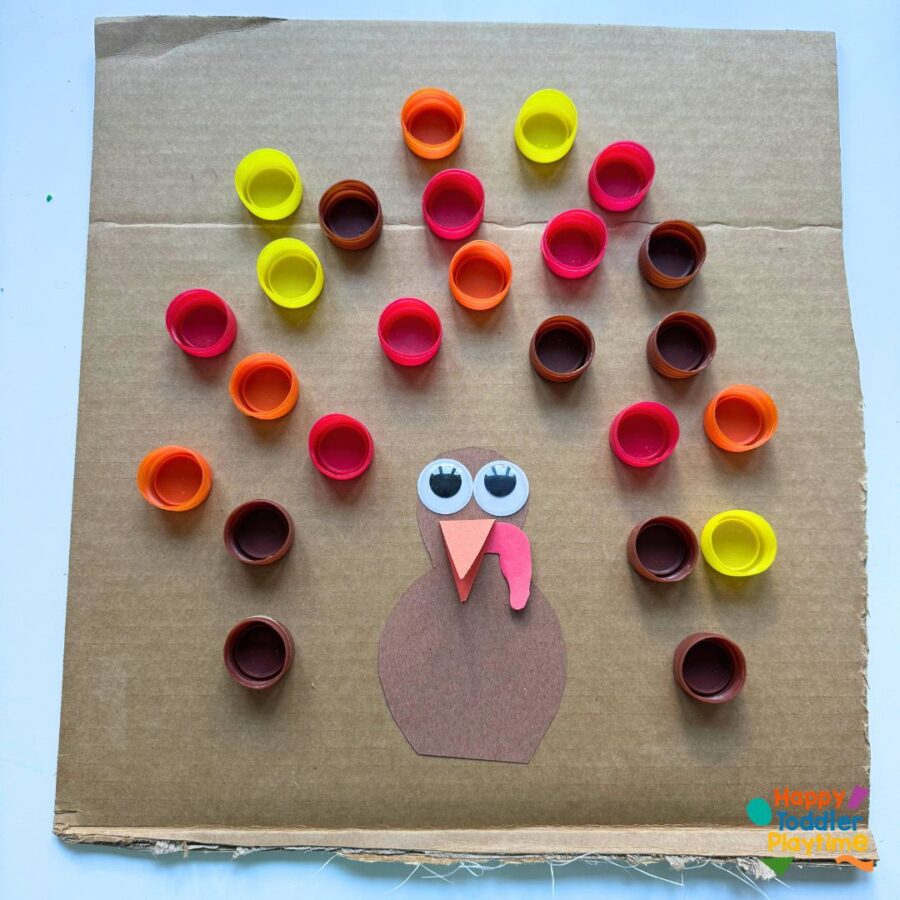 Bottle Cap Turkey Pom Pom Activity - Happy Toddler Playtime