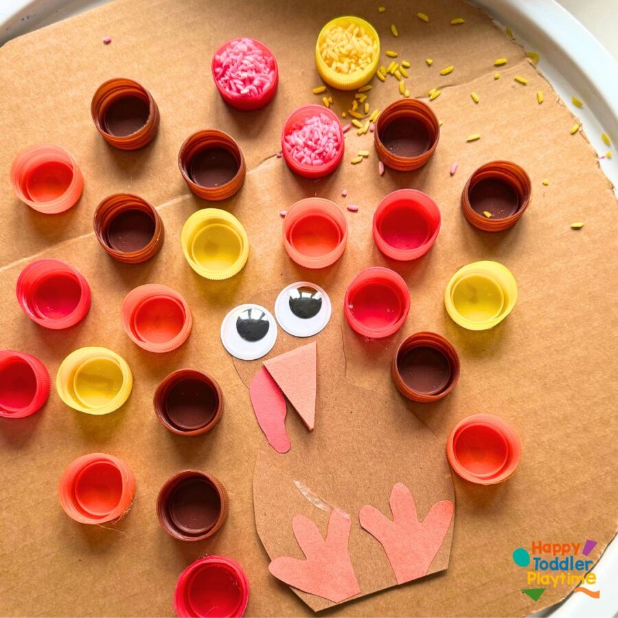 Bottle Cap Turkey Rice Sensory Activity - Happy Toddler Playtime