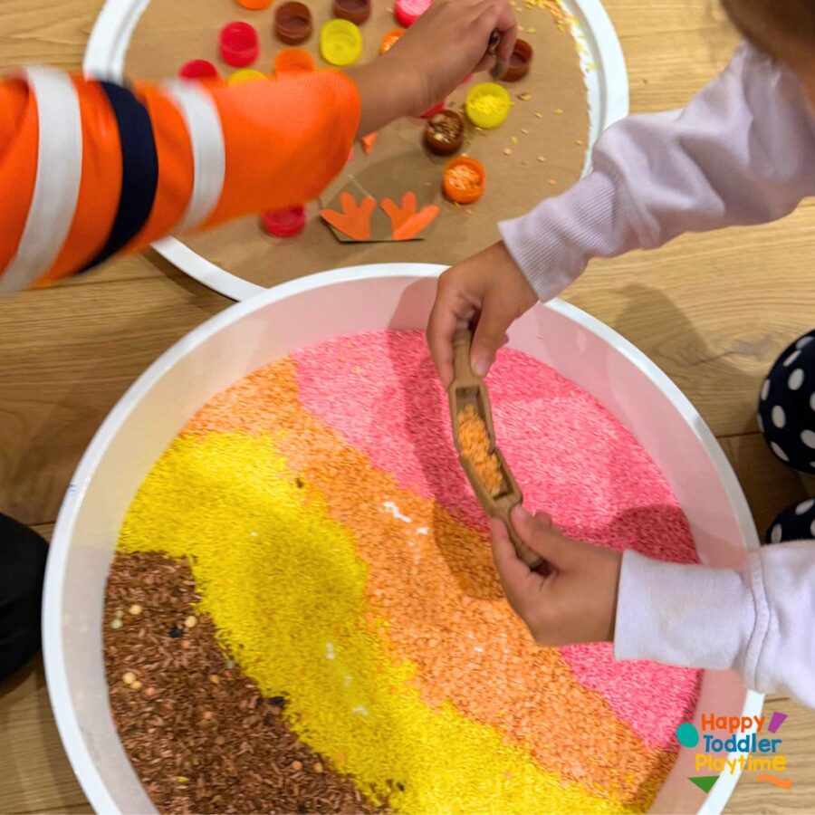 Bottle Cap Turkey Rice Sensory Activity - Happy Toddler Playtime