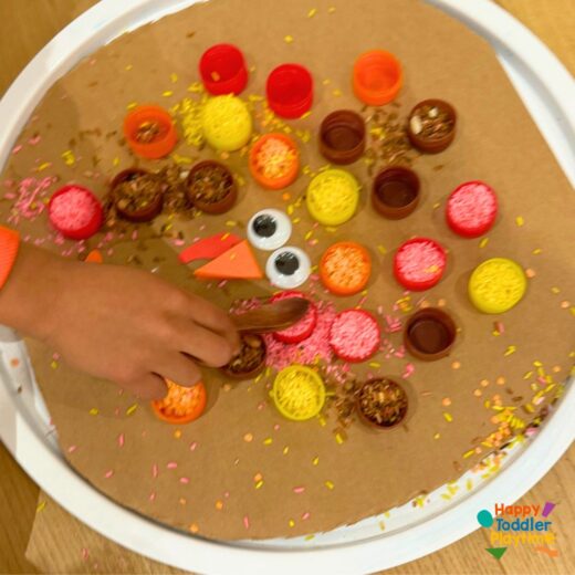 Bottle Cap Turkey Rice Sensory Activity - Happy Toddler Playtime