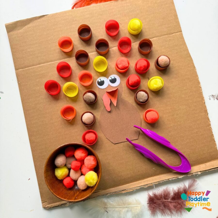 Bottle Cap Turkey Pom Pom Activity - Happy Toddler Playtime