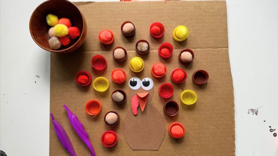 Bottle Cap Turkey Pom Pom Activity - Happy Toddler Playtime