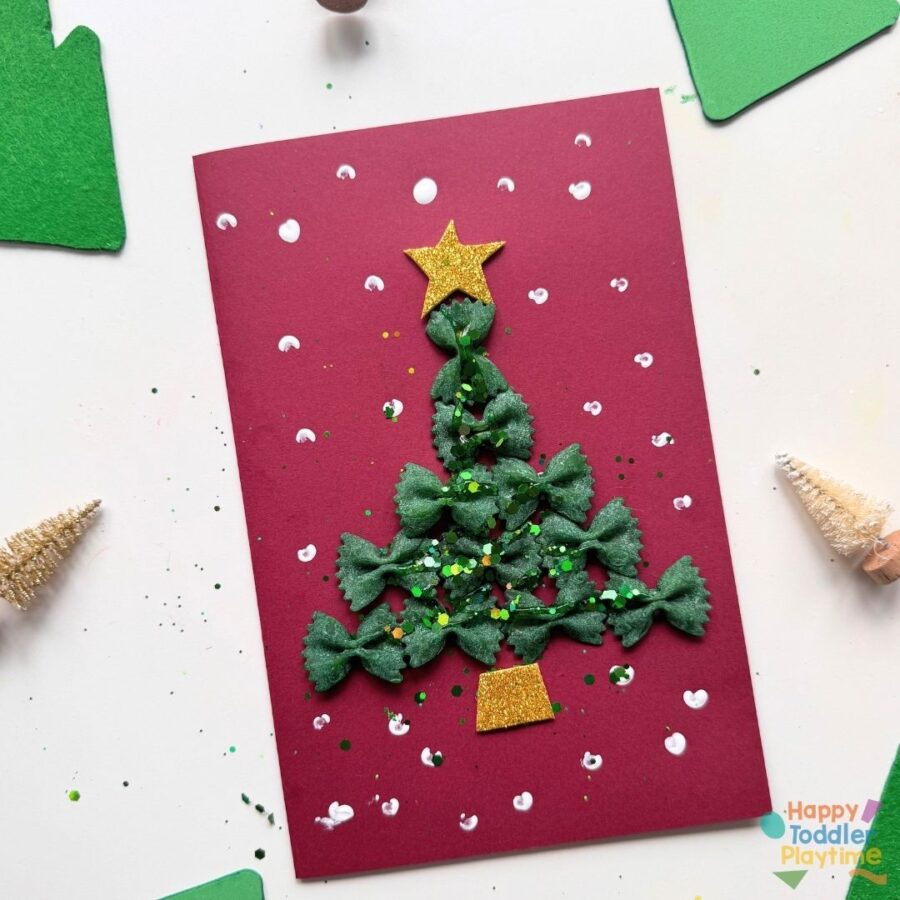 Bow Tie Pasta Christmas Tree Christmas Card - Happy Toddler Playtime