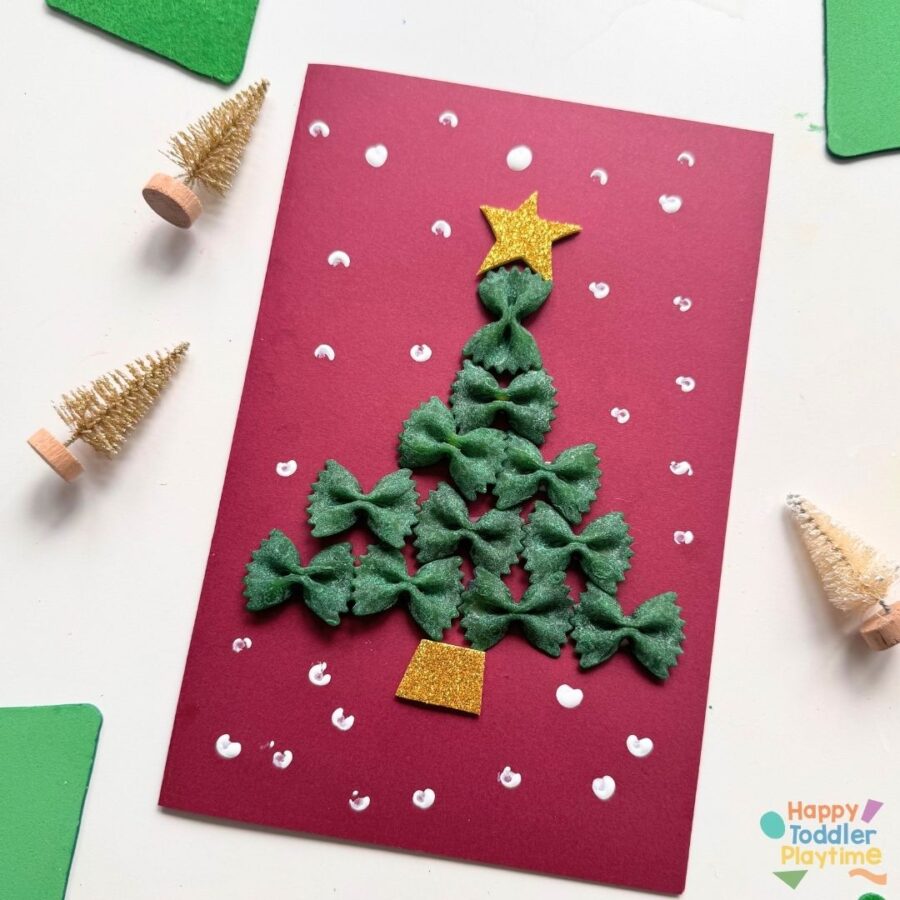 Bow Tie Pasta Christmas Tree Christmas Card - Happy Toddler Playtime