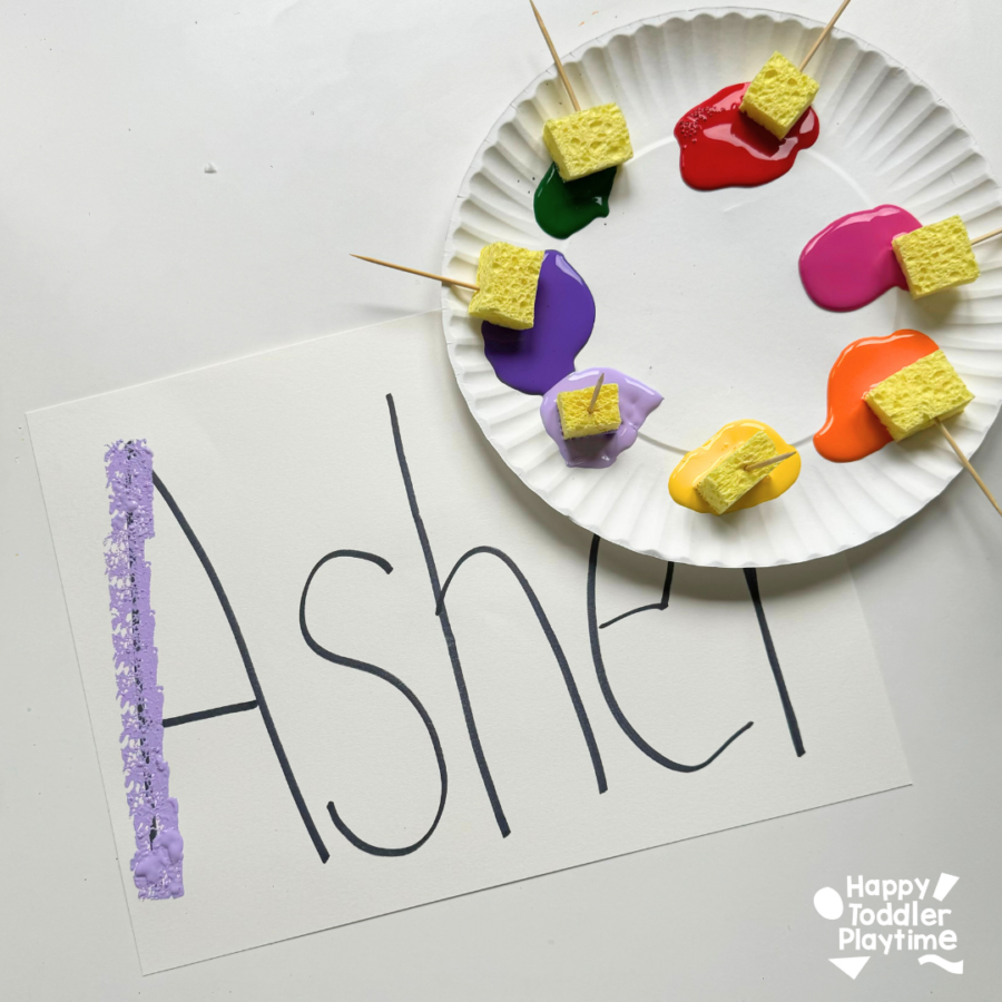 Sponge Painted Name Activity - Happy Toddler Playtime