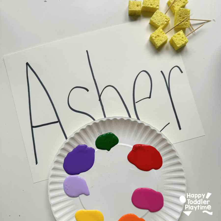 Sponge Painted Name Activity - Happy Toddler Playtime