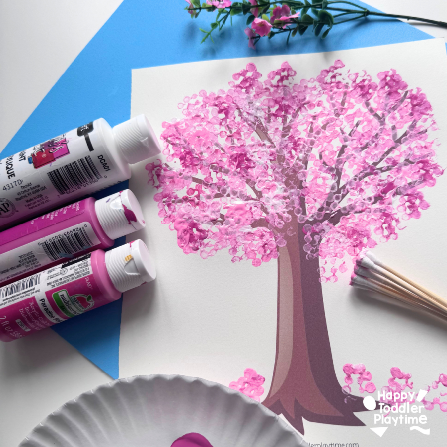 Q-Tip Painted Cherry Blossom Tree Craft - Happy Toddler Playtime